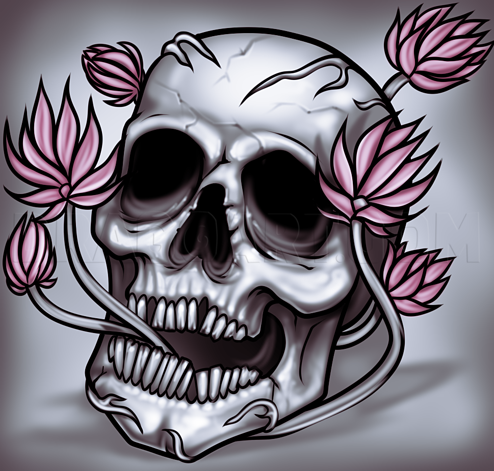 How To Draw A Skull And Flowers Step By Step Drawing Guide By Dawn 