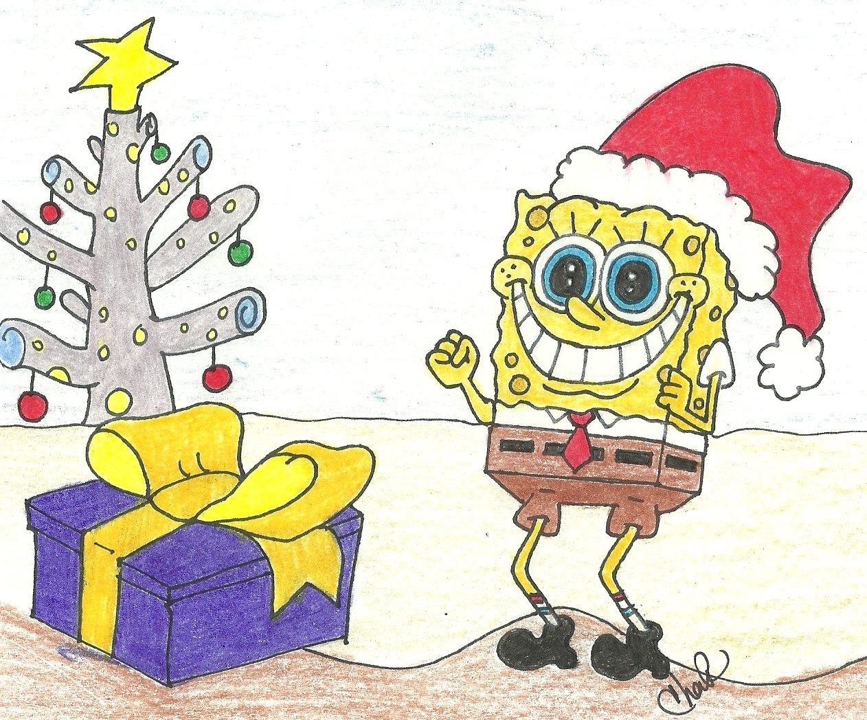 Spongebob And The Present Drawing by charlina68 - DragoArt